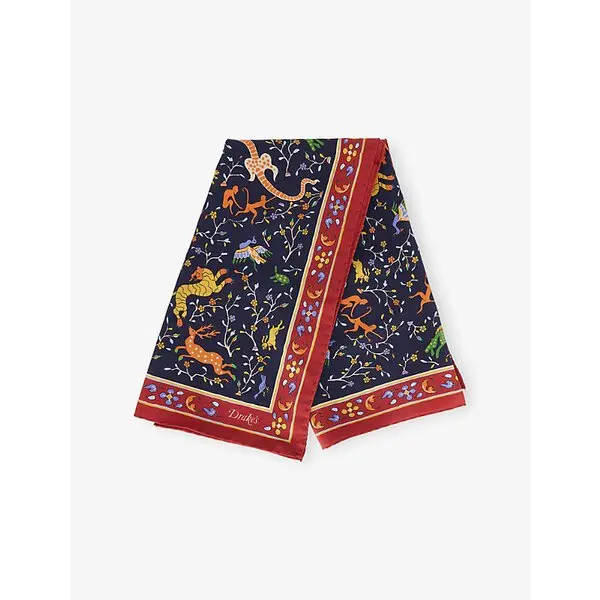 DRAKE'S Animal Flowers Printed Silk Bandana Scarf - Navy