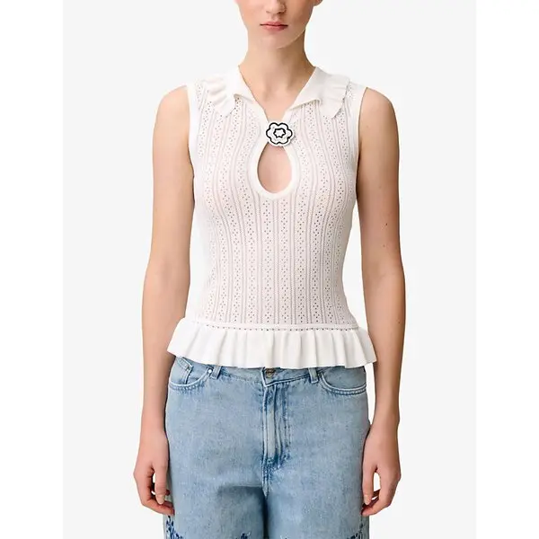Claudie Pierlot Sleeveless Pointelle Knitted Top With Ruffled Collar And Hem