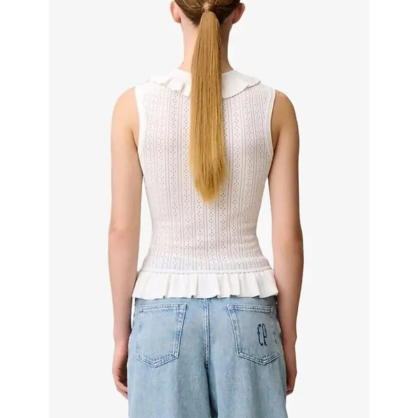 Claudie Pierlot Sleeveless Pointelle Knitted Top With Ruffled Collar And Hem