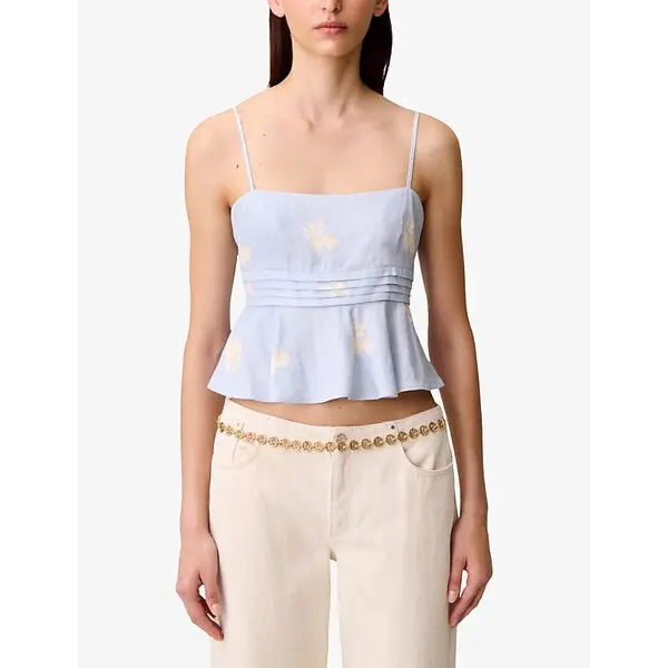 Claudie Pierlot Sleeveless Floral Print Linen-blend Top