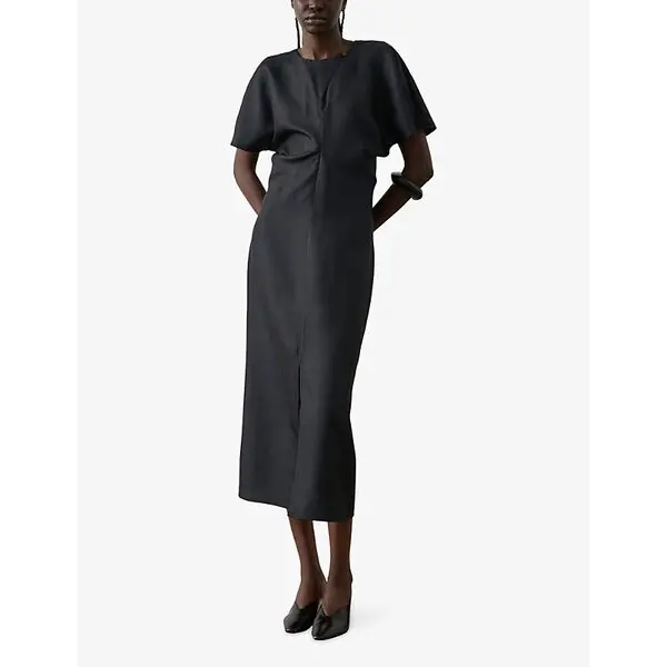 Soeur Silk Midi Dress With Button Detail And Front Slit - Noir