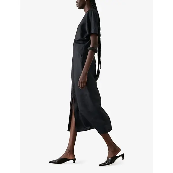 Soeur Silk Midi Dress With Button Detail And Front Slit - Noir