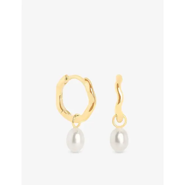 ASTRID & MIYU 14ct Gold Wave And Cultured Pearl Charm Huggie Drop Earrings - 14ct Solid Gold
