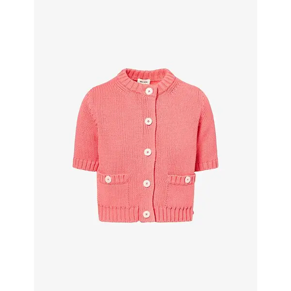 ME+EM Round-neck Short-sleeve Cotton Cardigan - Candy Coral
