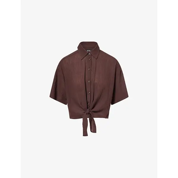 ME+EM Tie-front Short-sleeve Cotton Top - Cocoa Brown