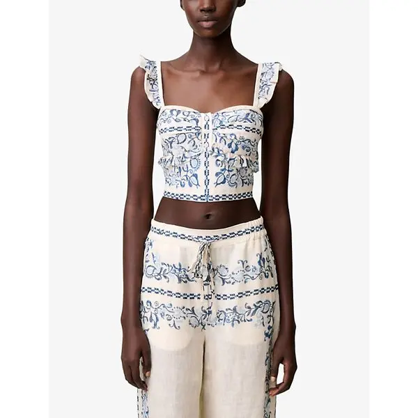 Claudie Pierlot Ruffled Bustier Linen Top