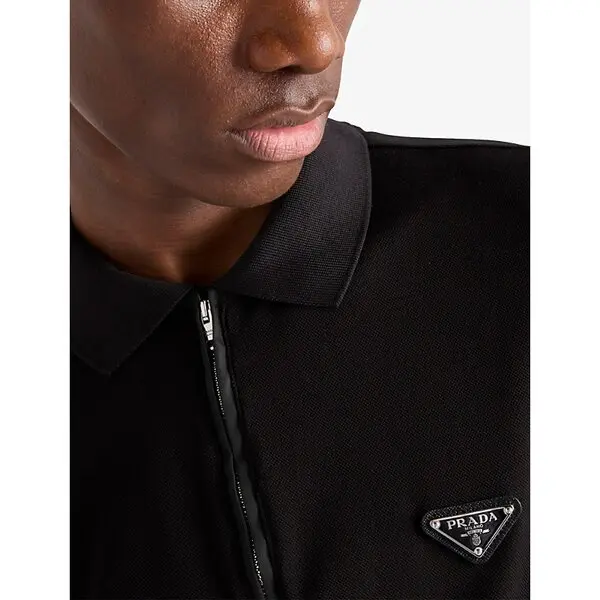 Prada Re-nylon Logo-plaque Cotton-piqué Polo Shirt Xxl - Black