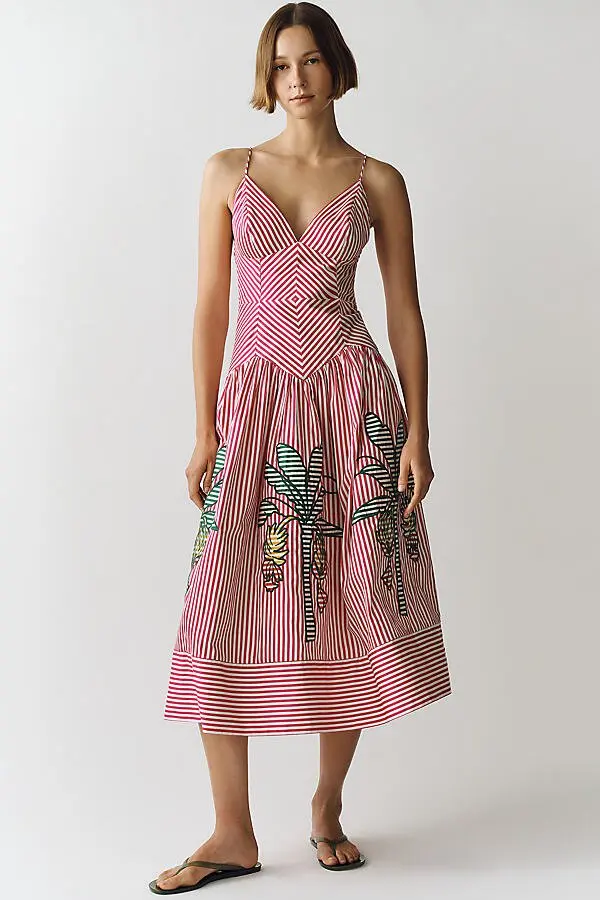 Farm Rio Striped Midi Dress With Tropical Print