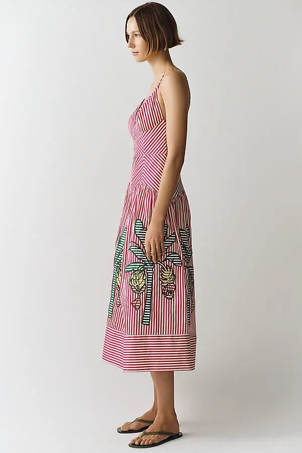 Farm Rio Striped Midi Dress With Tropical Print