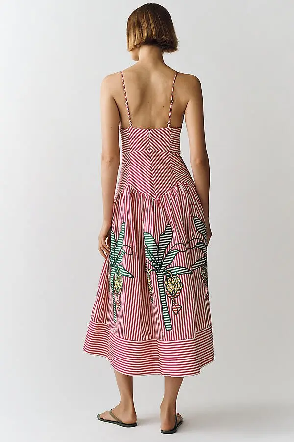Farm Rio Striped Midi Dress With Tropical Print