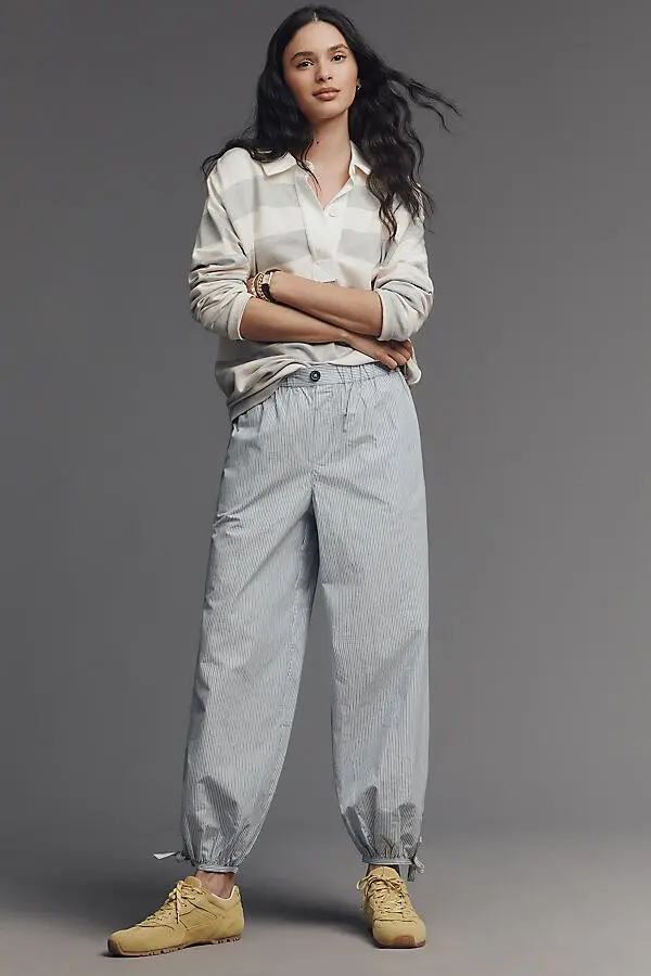 Maeve Cotton Balloon Pants With Pin Stripes And Tie Cuffs - Blue Stripe