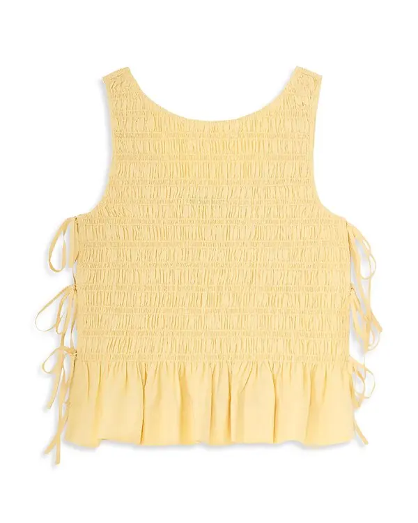 GANNI Smocked Cotton Top With Tie Detail