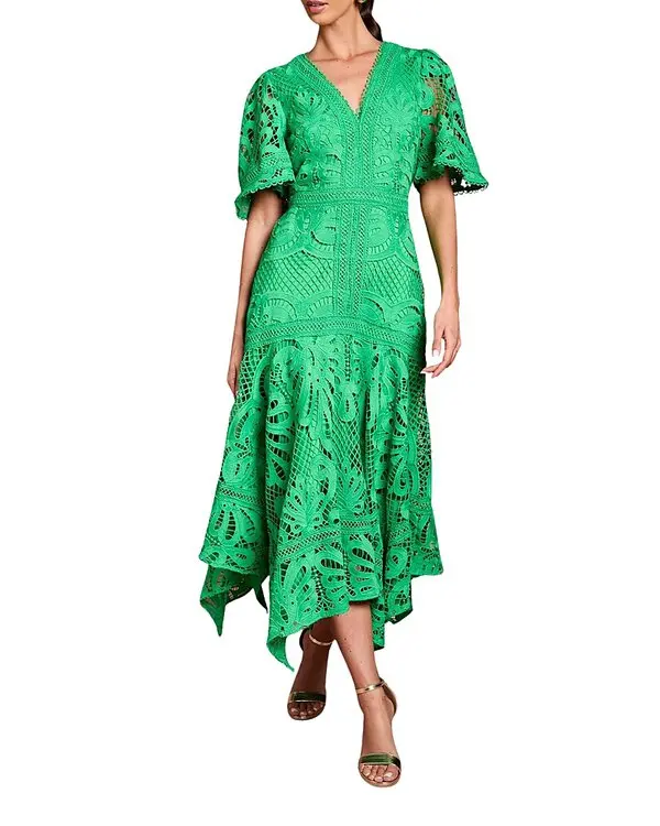 Coast Placement Lace Hanky Hem Midi Dress - Green