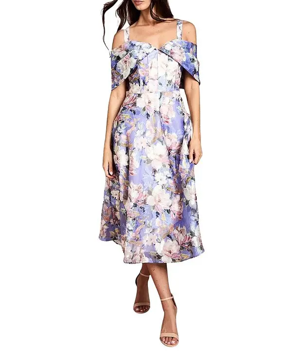 Coast Corseted Bardot Jacquard Midi Dress - Purple