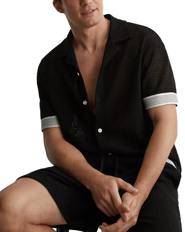 REISS Aliso Short Sleeve Crochet Tape Cuban Shirt - Black