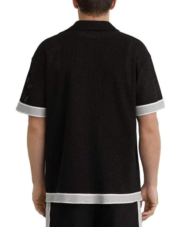 REISS Aliso Short Sleeve Crochet Tape Cuban Shirt - Black