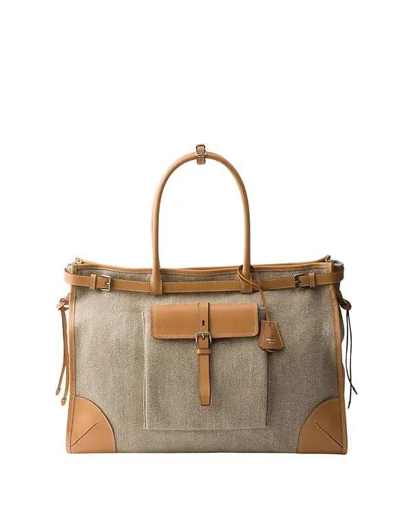 Prada Bonnie Linen And Leather Tote Bag - Neutral