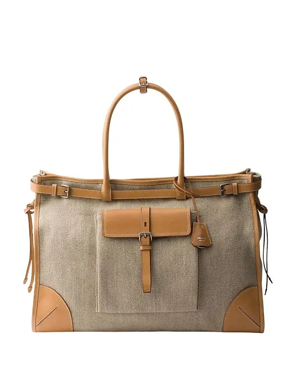 Prada Bonnie Linen And Leather Tote Bag - Neutral