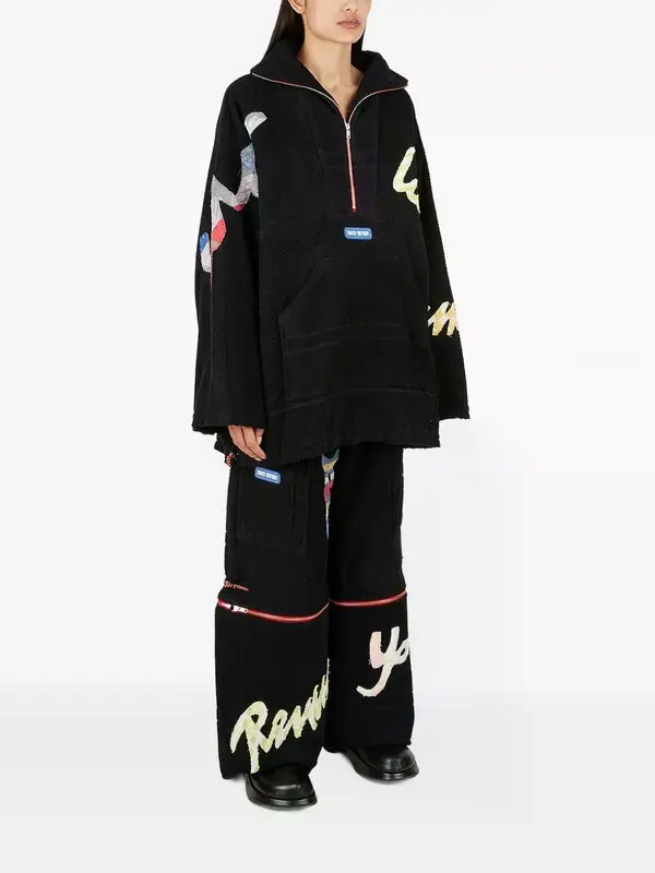 RAVE REVIEW Zip-up Collared Sweater With Embroidered Detail - Black