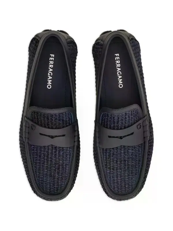 FERRAGAMO Woven Raffia Penny Driver Loafers
