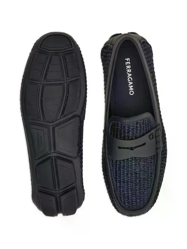 FERRAGAMO Woven Raffia Penny Driver Loafers