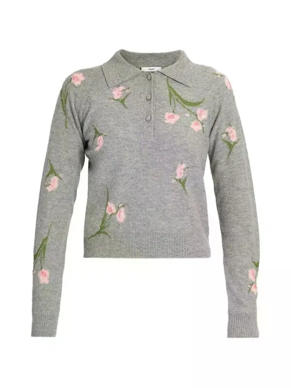 Erdem Floral Intarsia Knit Polo Sweater - Grey