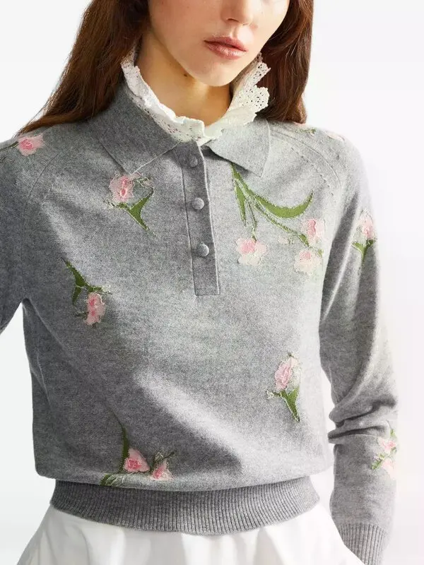 Erdem Floral Intarsia Knit Polo Sweater