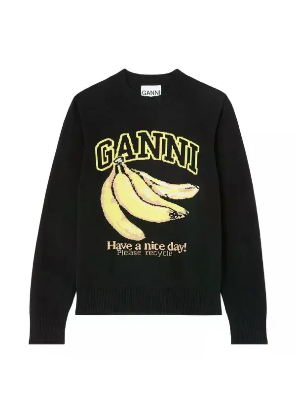 GANNI Intarsia Knit Banana Motif Sweater - Black