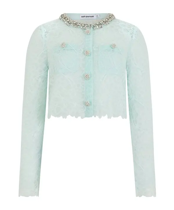SELF-PORTRAIT Cropped Lace Embellished Jacket - Mint