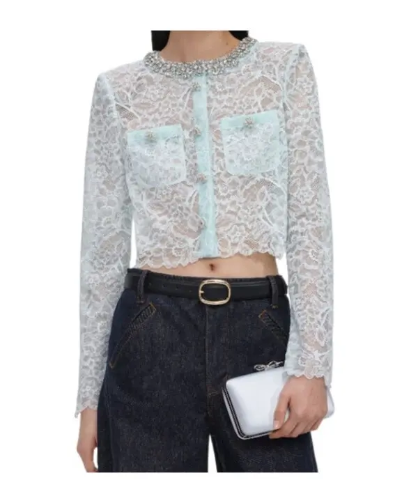 SELF-PORTRAIT Cropped Lace Embellished Jacket - Mint