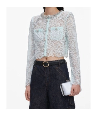 SELF-PORTRAIT Cropped Lace Embellished Jacket - Mint