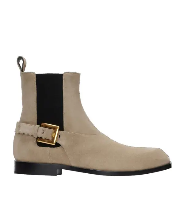 Balmain Suede Leather Chelsea Boots With Gold Buckle Detail - Brown