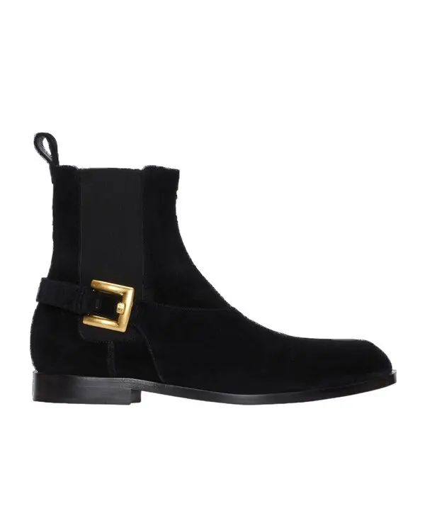 Balmain Suede Leather Chelsea Boots With Gold Tone Buckle - Black