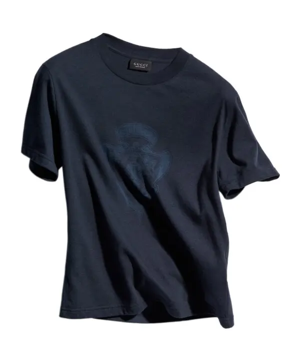 Gucci Cotton Jersey T-shirt With Crest Devoré Print - Navy