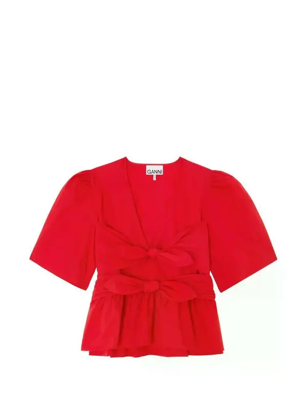 GANNI Bow Detail Peplum Hem Blouse - Red