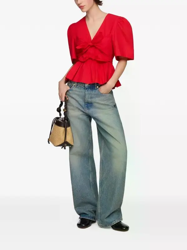 GANNI Bow Detail Peplum Hem Blouse - Red