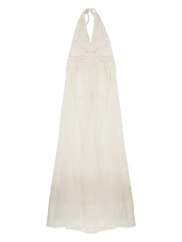 120% Lino Linen Crochet Halterneck Maxi Dress - White
