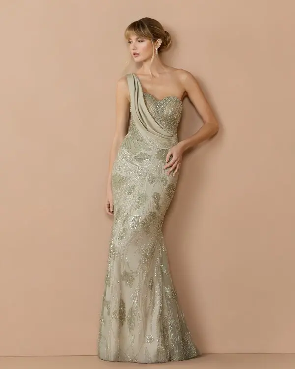 MAC DUGGAL COLLECTION Beaded One-shoulder Draped Mermaid Gown