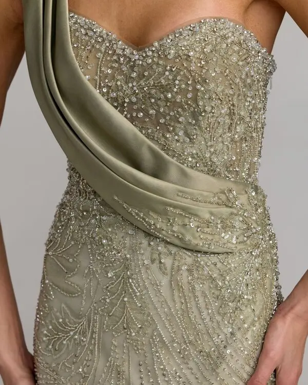 MAC DUGGAL COLLECTION Beaded One-shoulder Draped Mermaid Gown