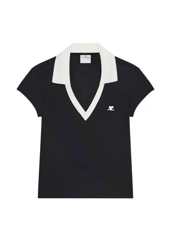 COURREGES Cropped V-neck Piqué T-shirt