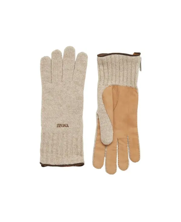 Zegna Oasi Logo Embroidered Knit Gloves - Nude