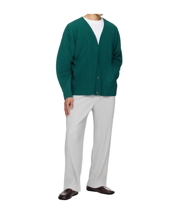 Issey Miyake Homme Plissé Pleated V-neck Cardigan - Green