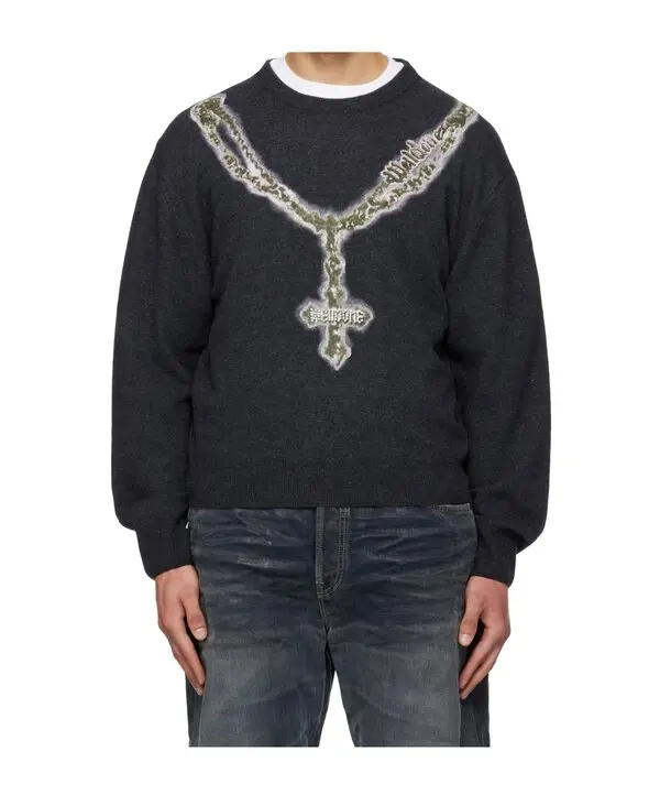 We11Done Long-sleeve Wool Knit Sweater With Faux Pearl Cross Necklace
