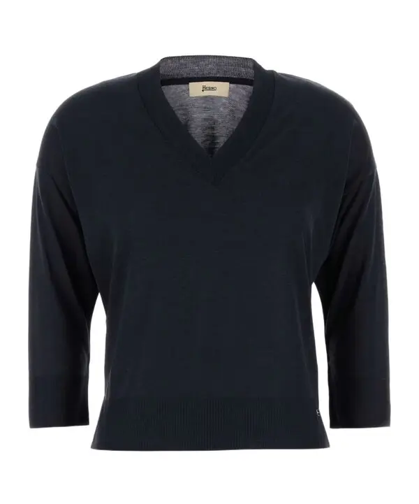 Herno V-neck Knitted Jumper With Three-quarter Sleeves - Black