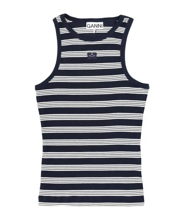 GANNI Sleeveless Striped Ribbed Tank Top - Blue