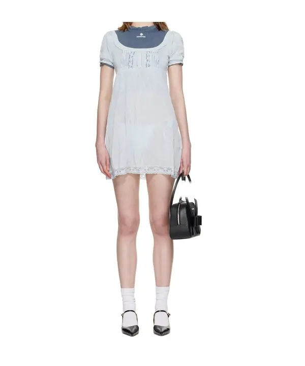 SHUSHU/TONG Short Sleeve Dress With Lace Trim And Puff Sleeves - Blue