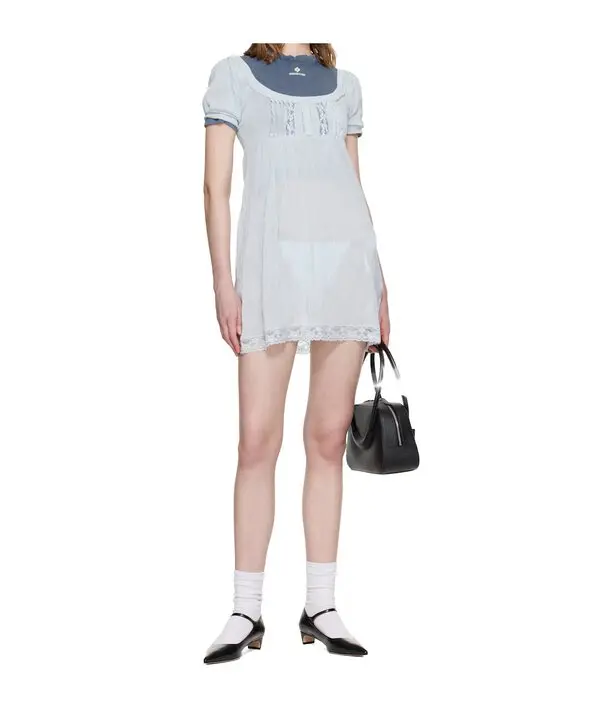 SHUSHU/TONG Short Sleeve Dress With Lace Trim And Puff Sleeves