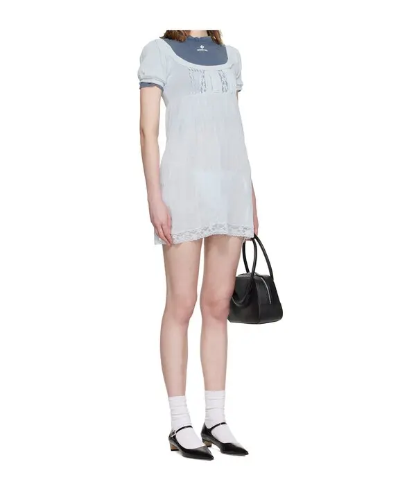 SHUSHU/TONG Short Sleeve Dress With Lace Trim And Puff Sleeves