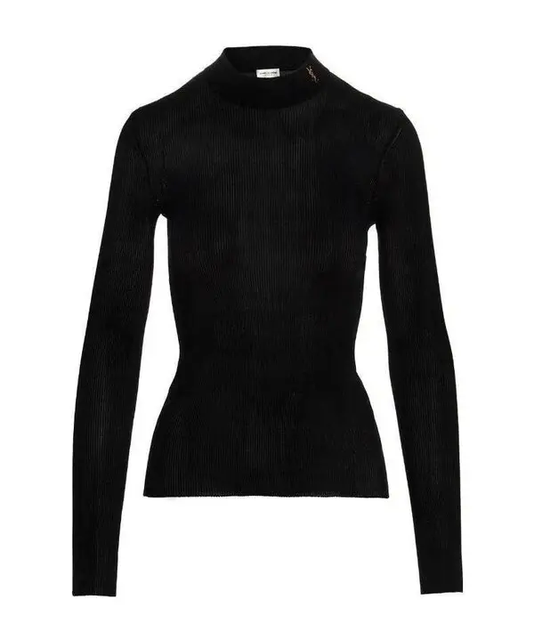 Saint Laurent Cassandre Ribbed Stand-collar Long-sleeved Blouse