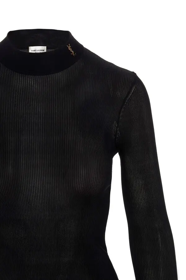 Saint Laurent Cassandre Ribbed Stand-collar Long-sleeved Blouse